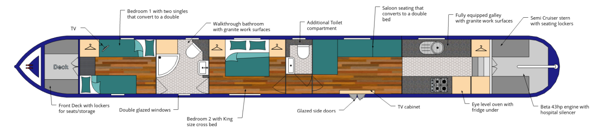 WEB_61ft Narrowboat Layout (4-6 berth) with two toilets - Aqua Narrow Boats